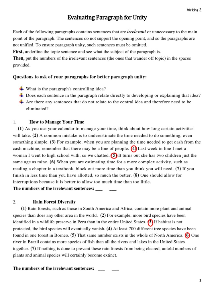 W4 - Handout 1 - Paragraph Unity Exercises KEY | PDF