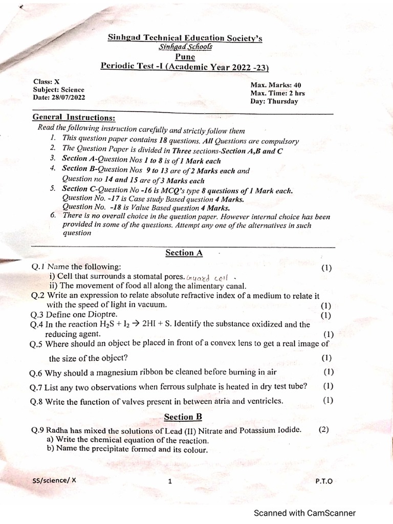 Science PT-1 STD10 | PDF