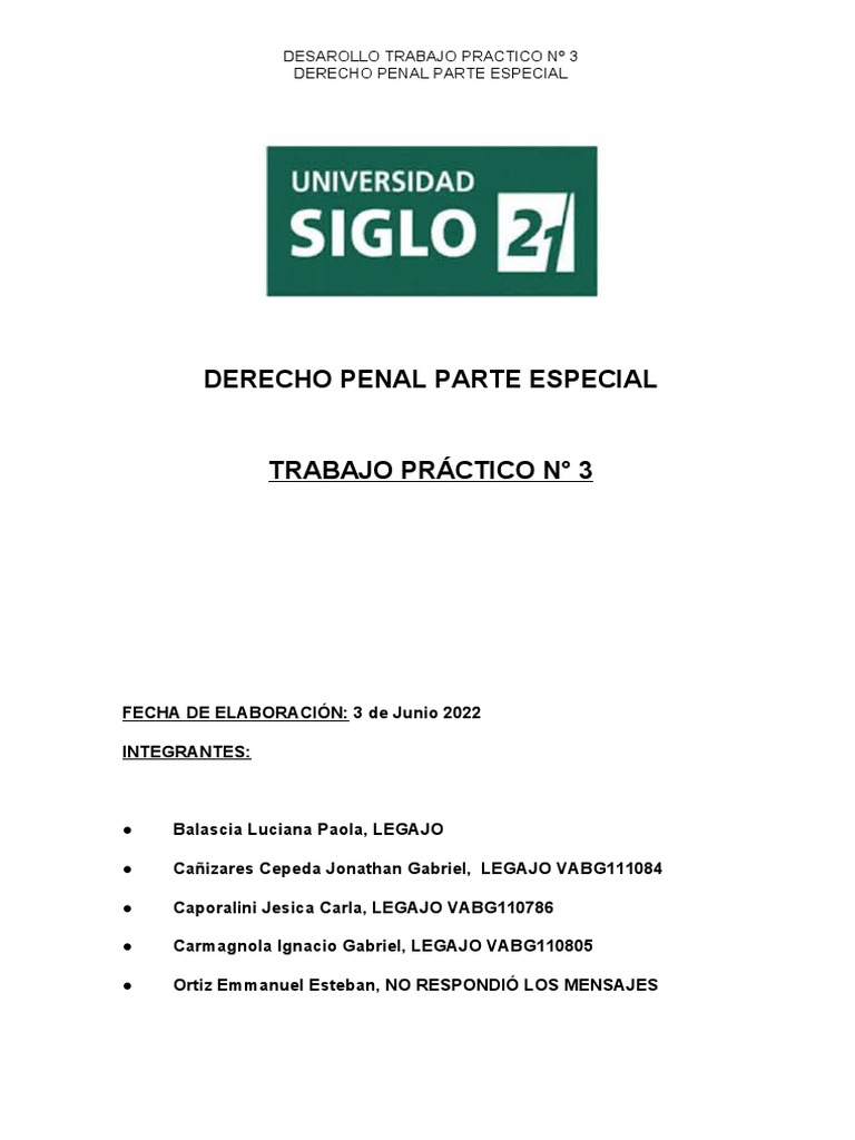 TP N°3 - DERECHO PENAL PARTE ESPECIAL Final | PDF