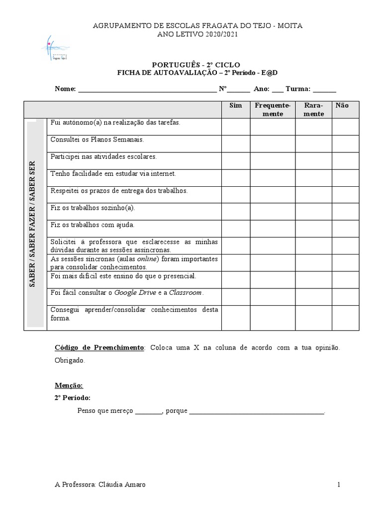 Ficha de Autoavaliação Português E@D - 2020-2021 | PDF