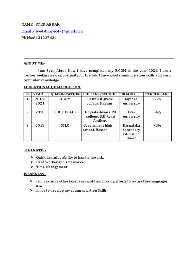 Syed Abrar Resume Pdf