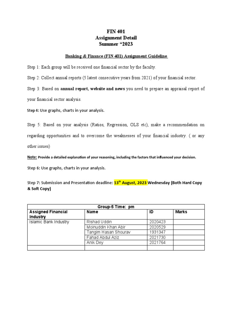 FIN 401 3 Assignment Detail Summer 2023 | PDF