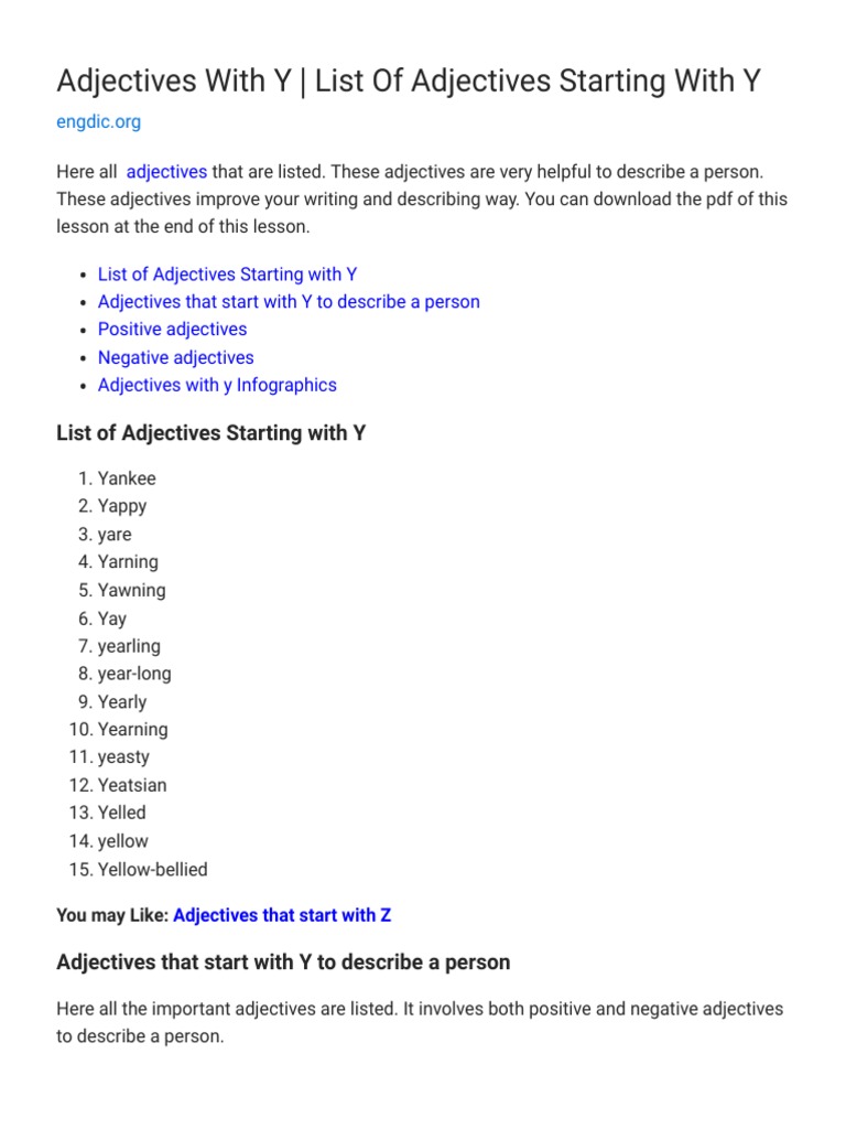 Adjectives With Y - List of Adjectives Starting With Y - EngDic | PDF