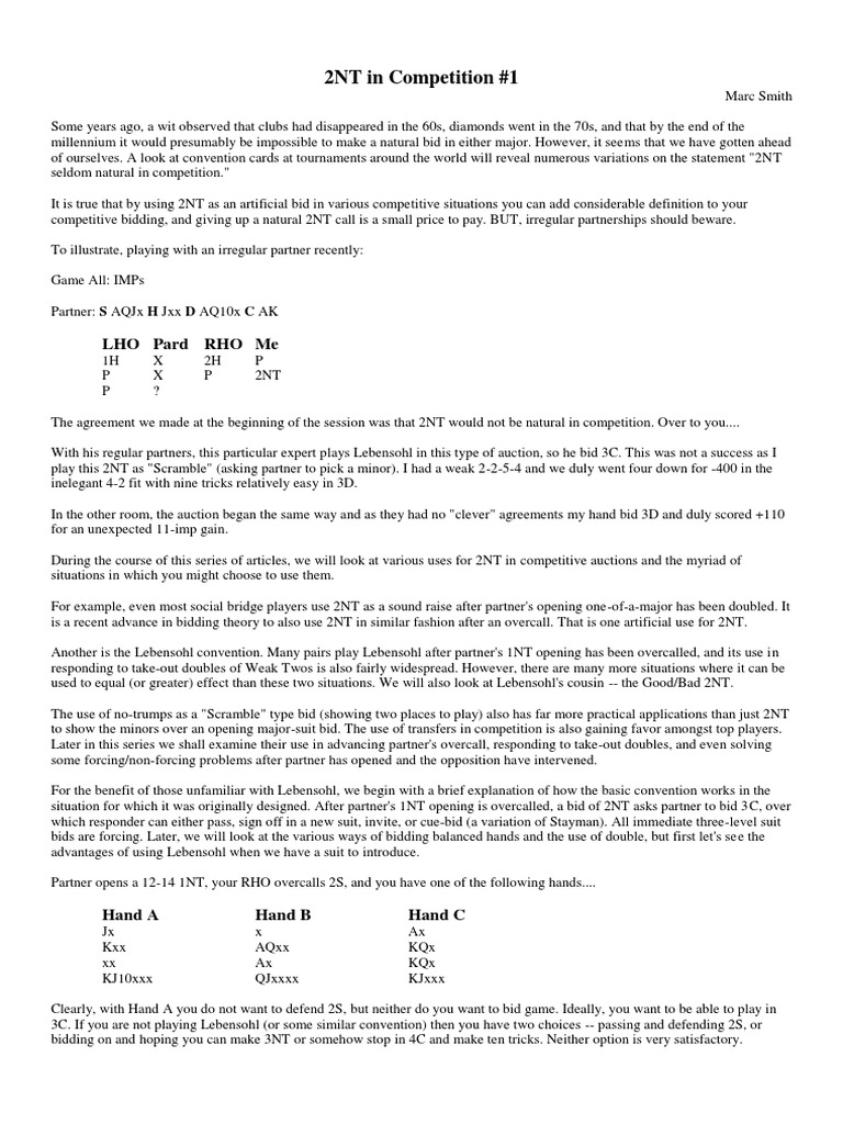 Bidding - Marc Smith - 2NT in Competition | PDF | Auction | Contract Bridge