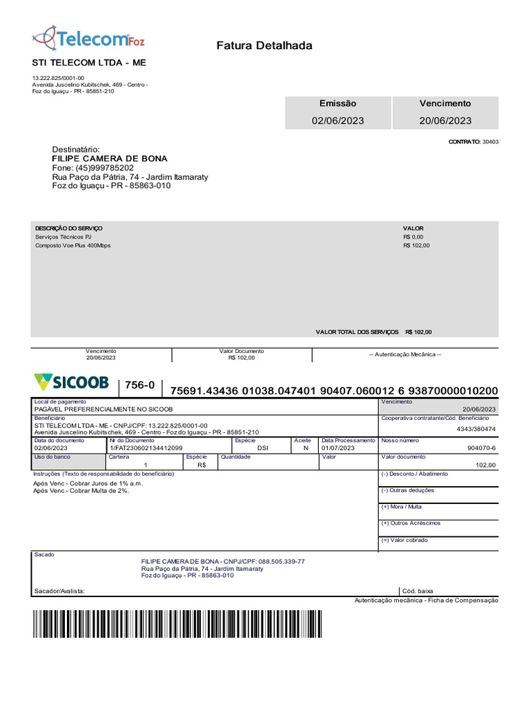 Fatura Detalhada Fatura Detalhada: Sti Telecom Ltda - Me Sti Telecom ...