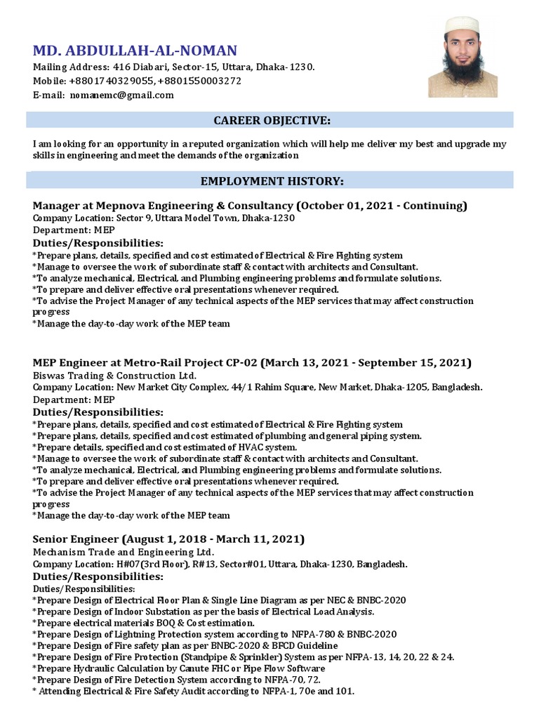 MEP Engineer Resume of MD. Abdullah Al Noman | PDF | Fire Sprinkler ...
