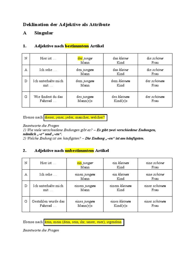 Deklination Der Adjektive Als Attribute | PDF