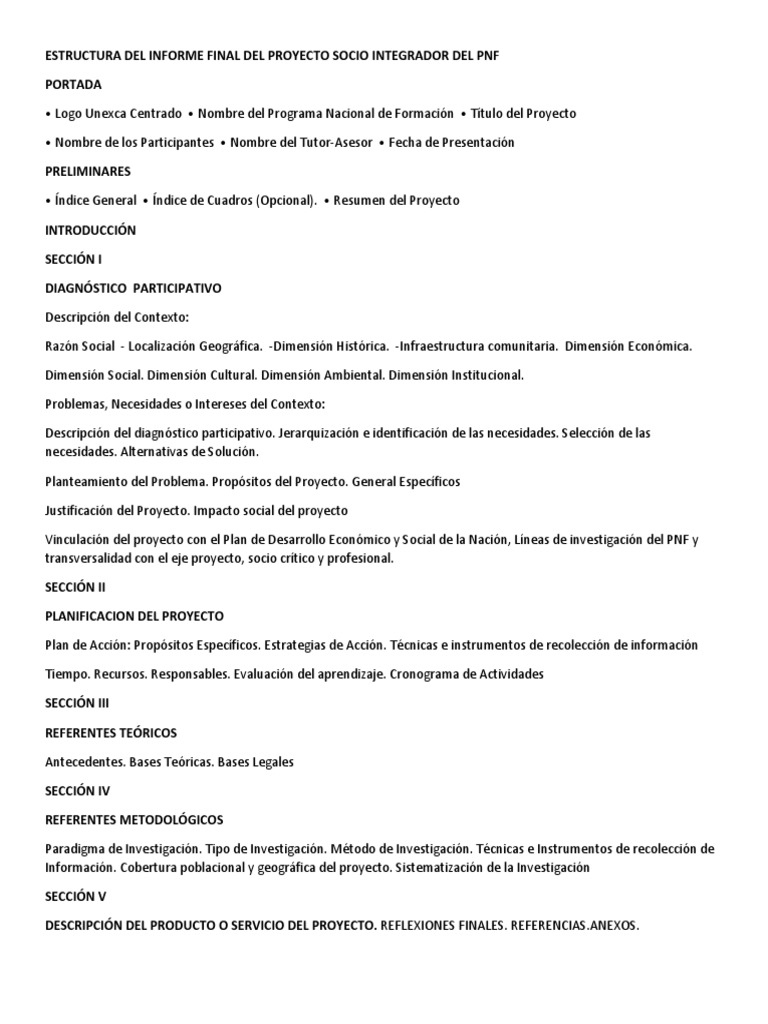 ESTRUCTURA DEL INFORME FINAL DEL PROYECTO SOCIO INTEGRADOR DEL PNF Hoy | PDF | Conocimiento ...