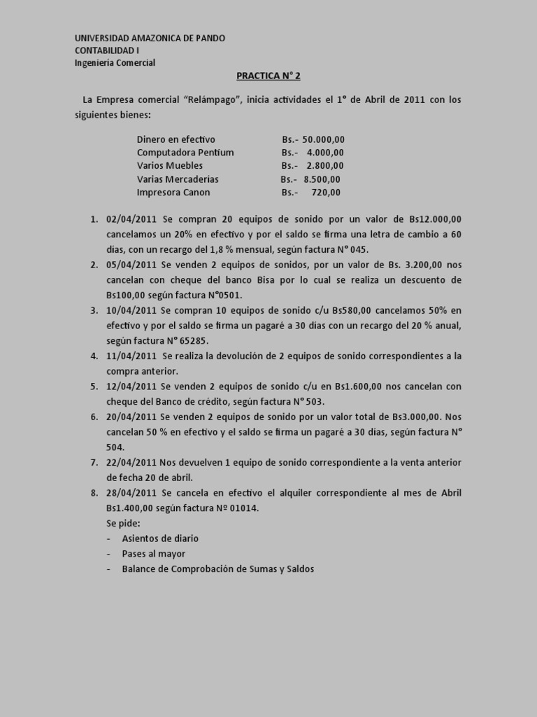 Prácticas de Contabilidad Bolivia | PDF | Cheque | Bancos