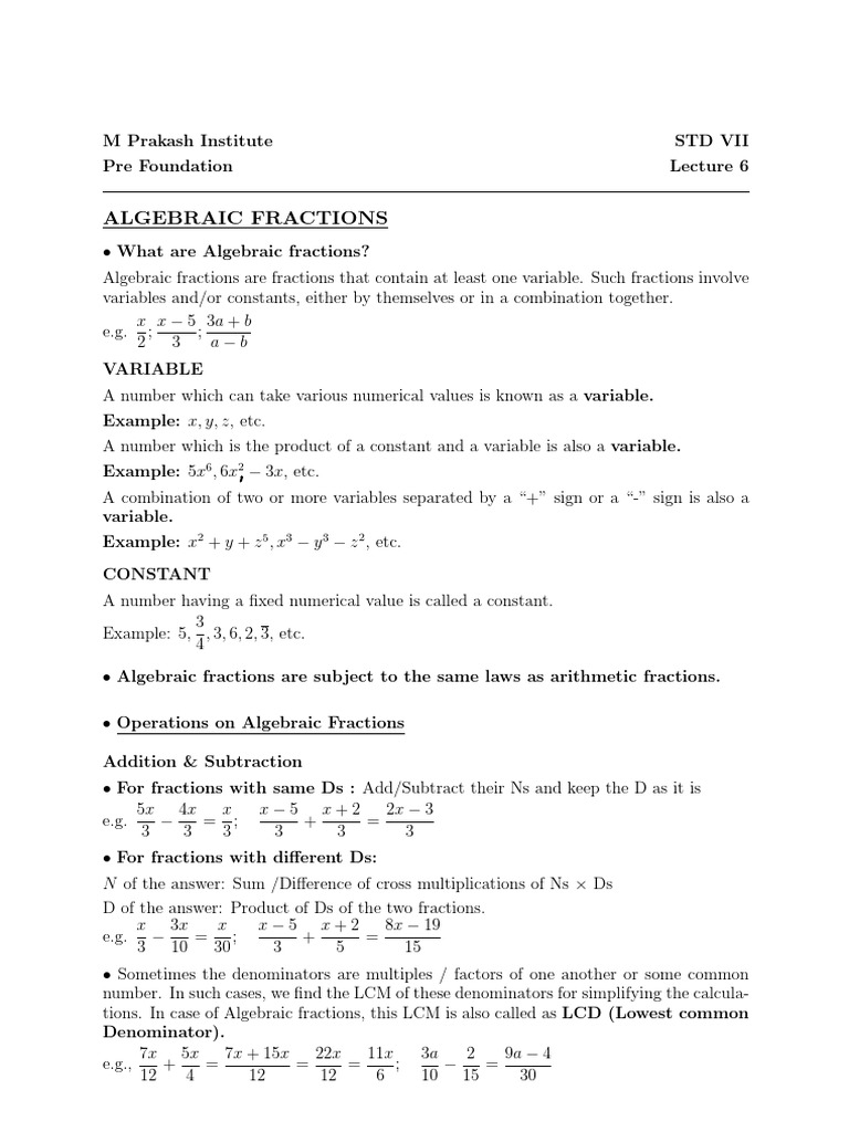 Algebraic Fractions | PDF | Abstract Algebra | Numbers