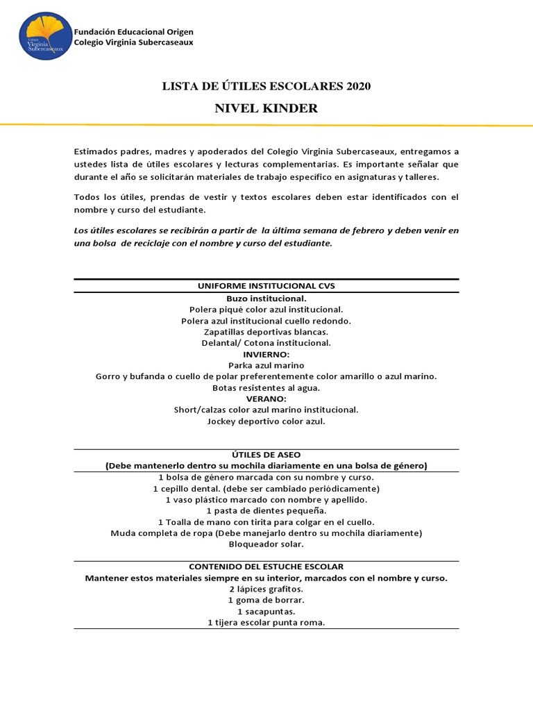 Lista de Útiles Kinder 2020. 1 | Descargar gratis PDF | Materiales de ...