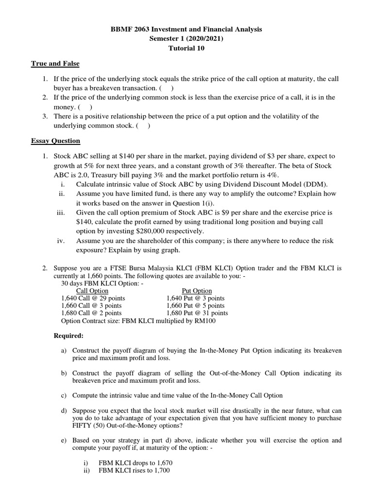 BBMF 2063 Financial Analysis Tutorial | PDF | Option (Finance) | Stocks