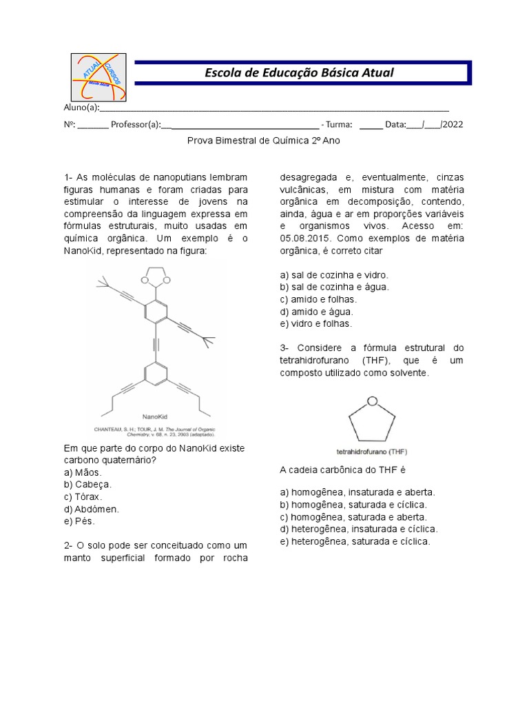 Prova Bimestral De Química 2º Ano Pdf