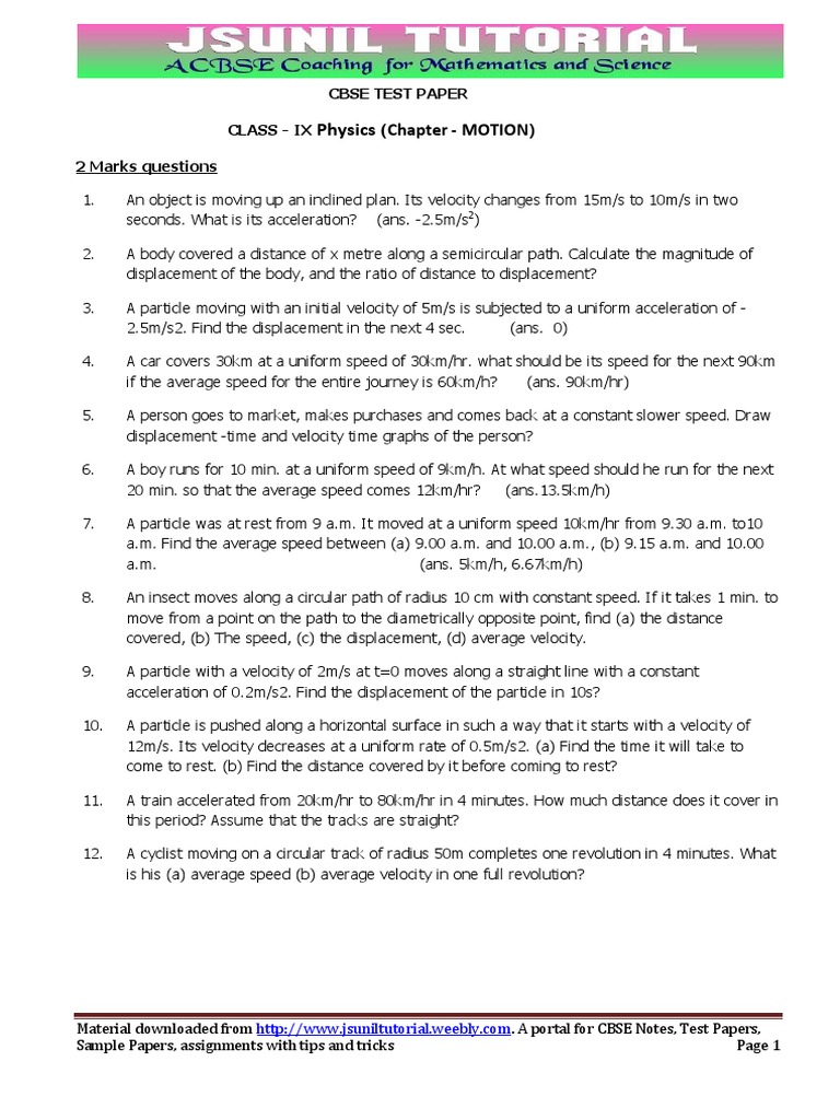 CBSE Class IX Physics Motion Test Paper | PDF | Speed | Acceleration
