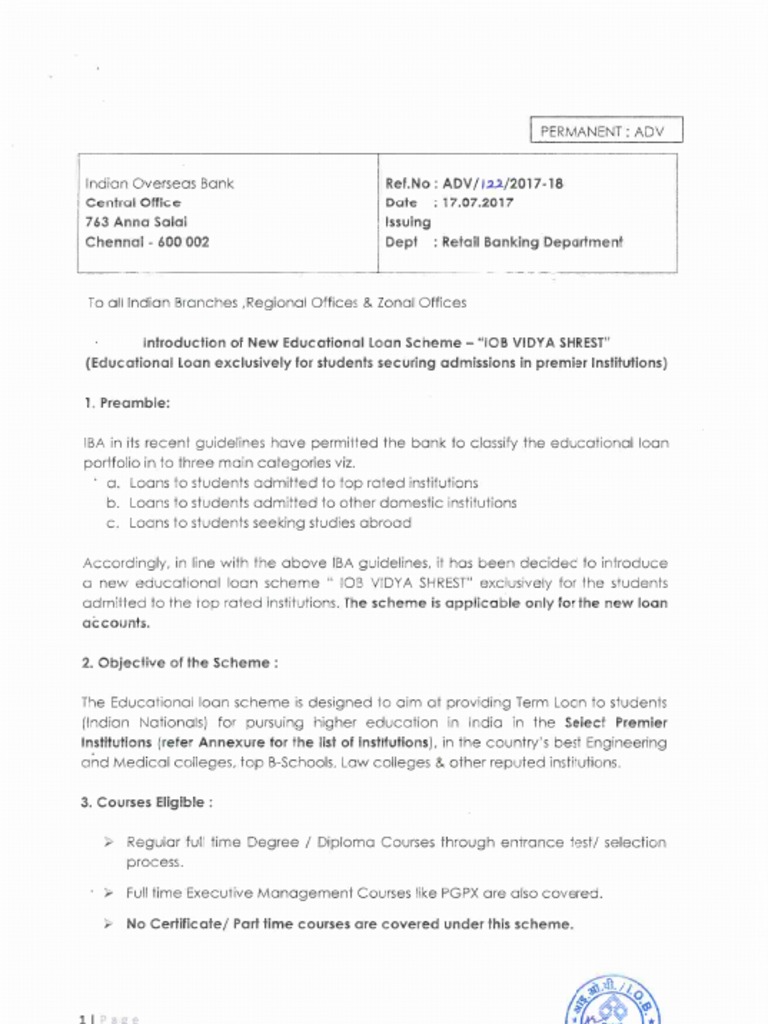 IOB Vidya Shrest Education Loan | PDF