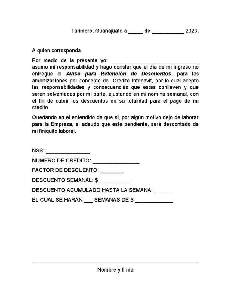 Carta de Retención Infonavit 2023 | PDF | Economias