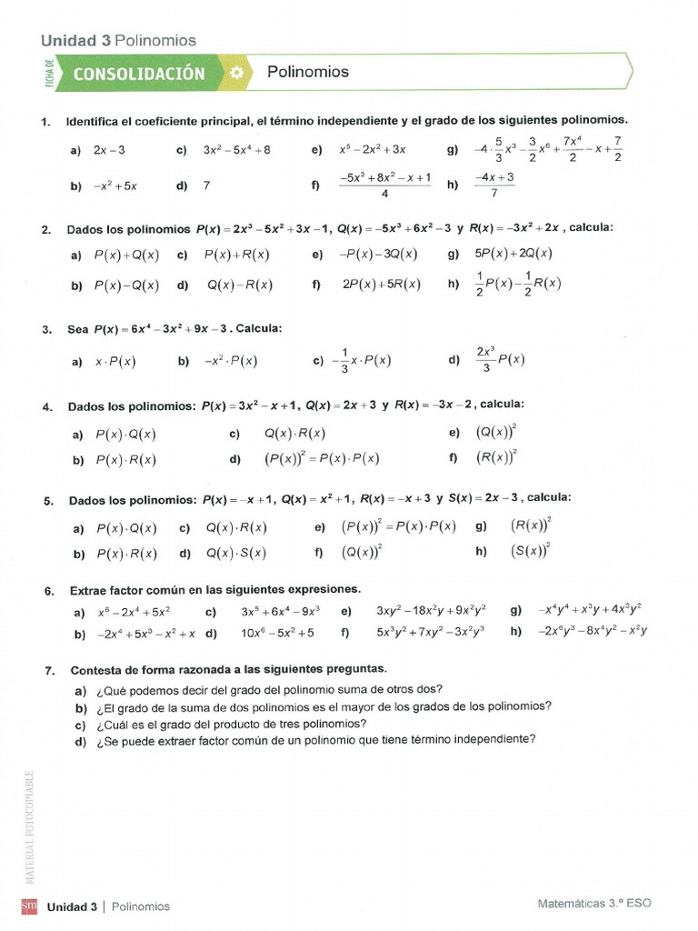3 Ejercicios Operaciones Polinomios 3ESO | PDF