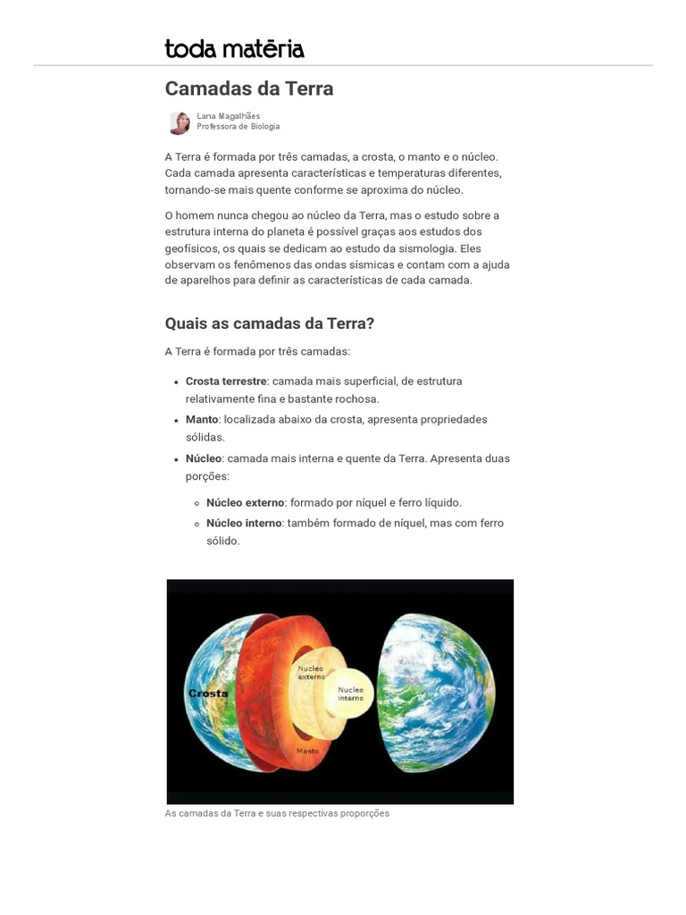 Camadas Da Terra - Crosta, Manto e Núcleo - Toda Matéria | PDF | Terra | Crosta (Geologia)