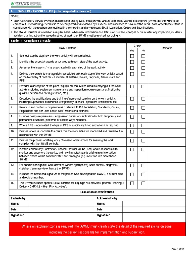 SWMS Template Checklist | PDF