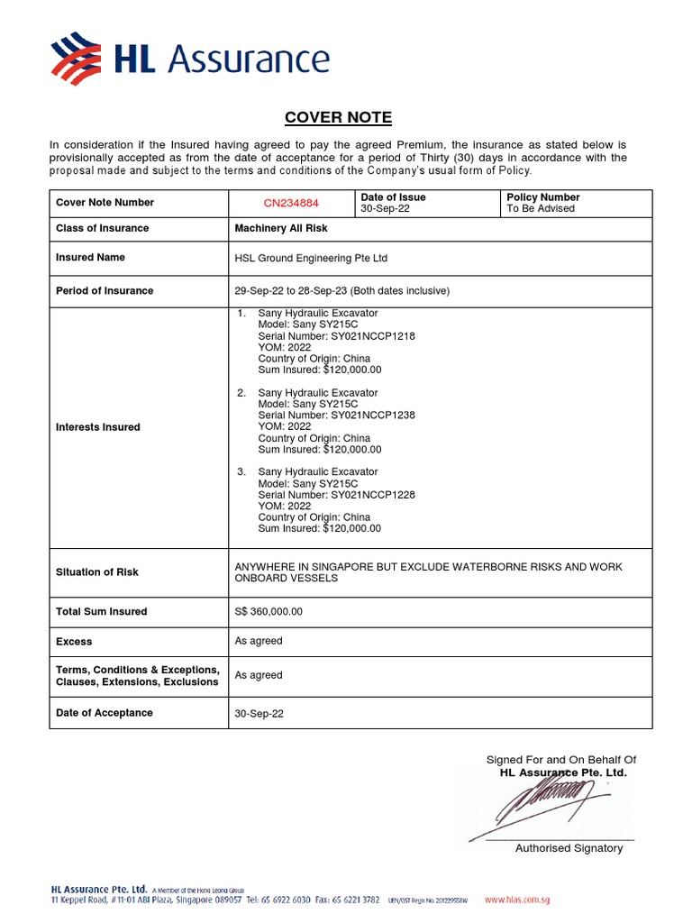 Sany Excavator Insurance Cover Note | PDF | Insurance | Service Industries
