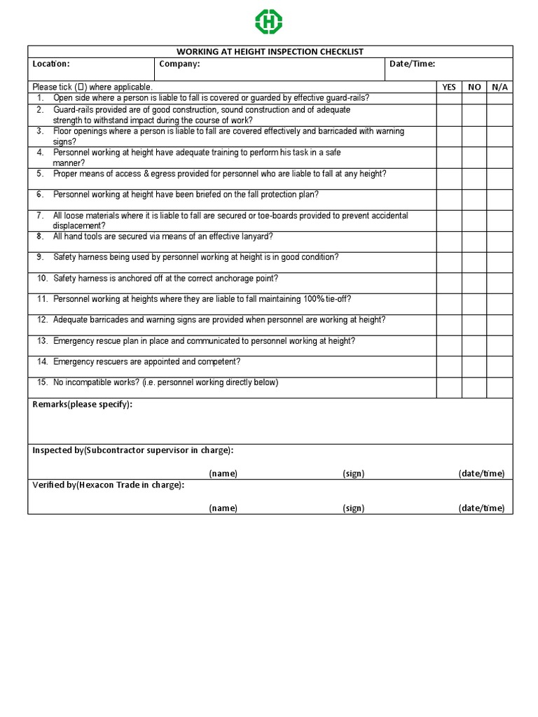 Working at Height Inspection Checklist | PDF