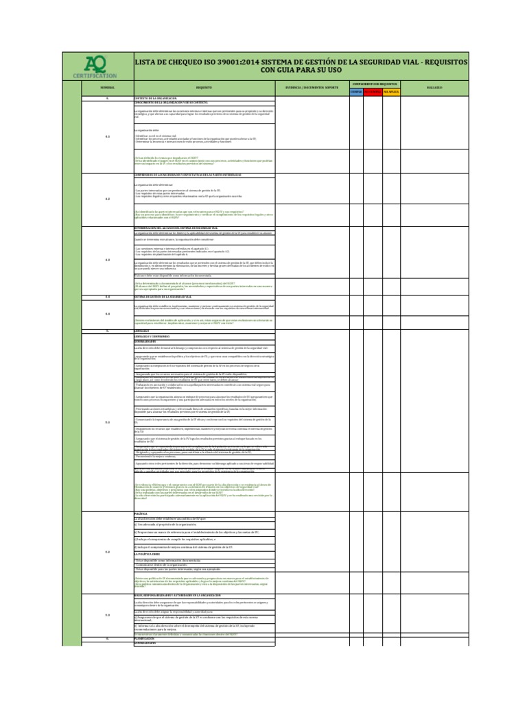 Lista de Chequeo Iso 39001 2014 | PDF