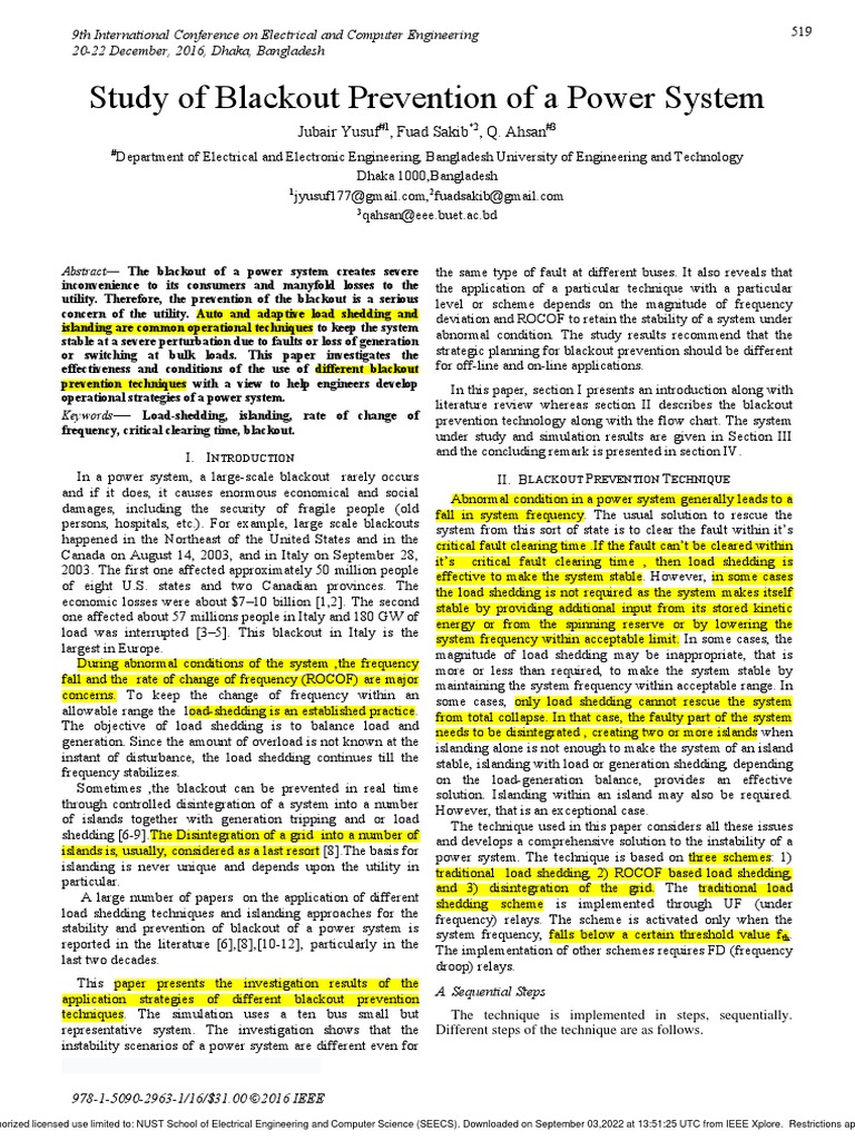Study of Blackout Prevention of A Power System | PDF | Power (Physics ...
