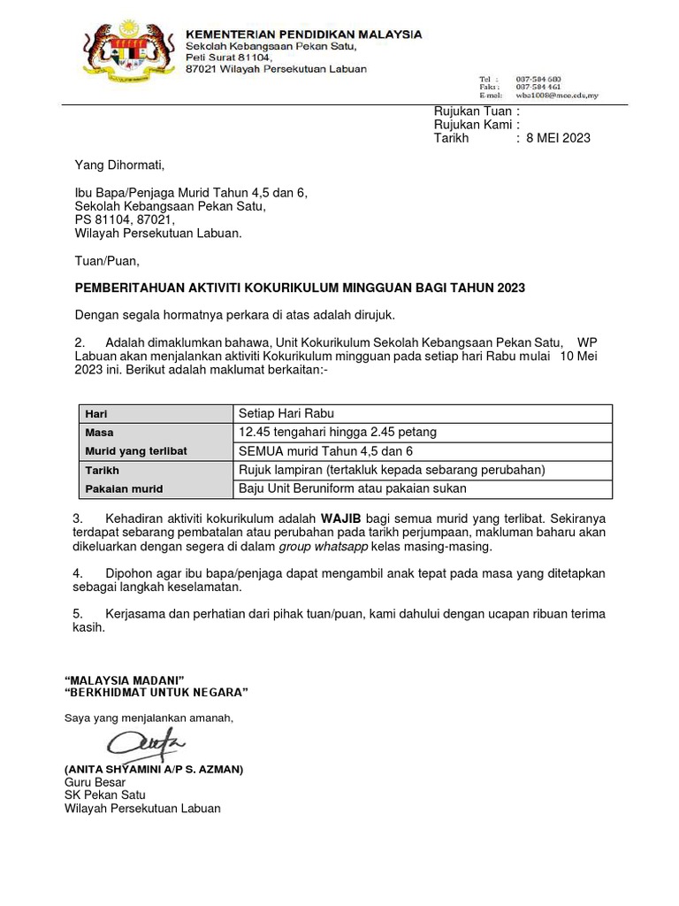 Surat Pemberitahuan Aktiviti Kokurikulum Mingguan SKPS 2023 | PDF