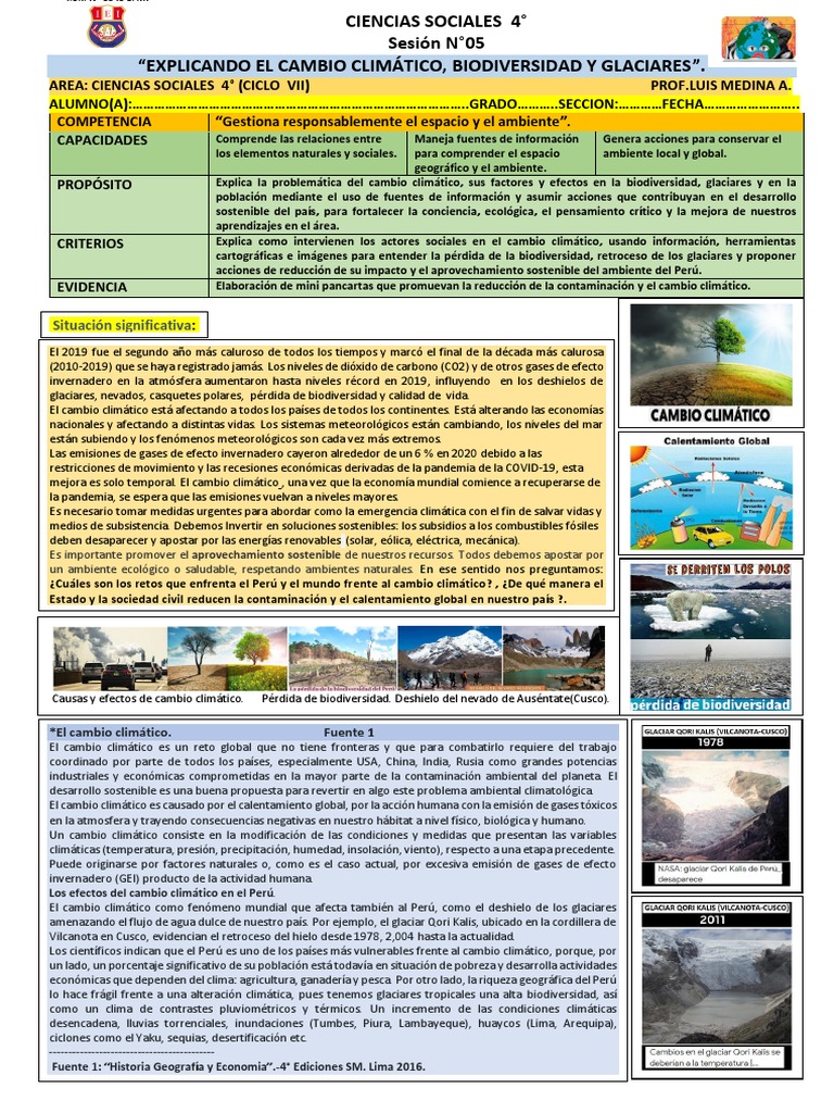 Cambio climatico, biodiversidad y glaciares CCSS-4°.-Ficha N°05 | PDF