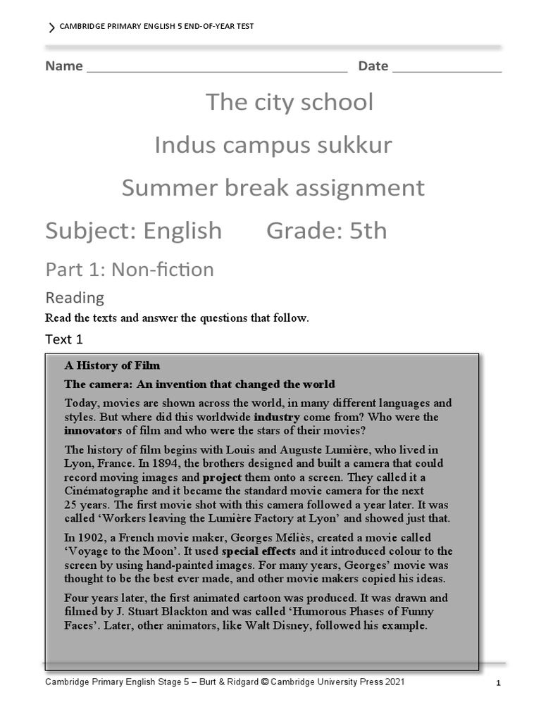 Summer work English grade 5 | PDF