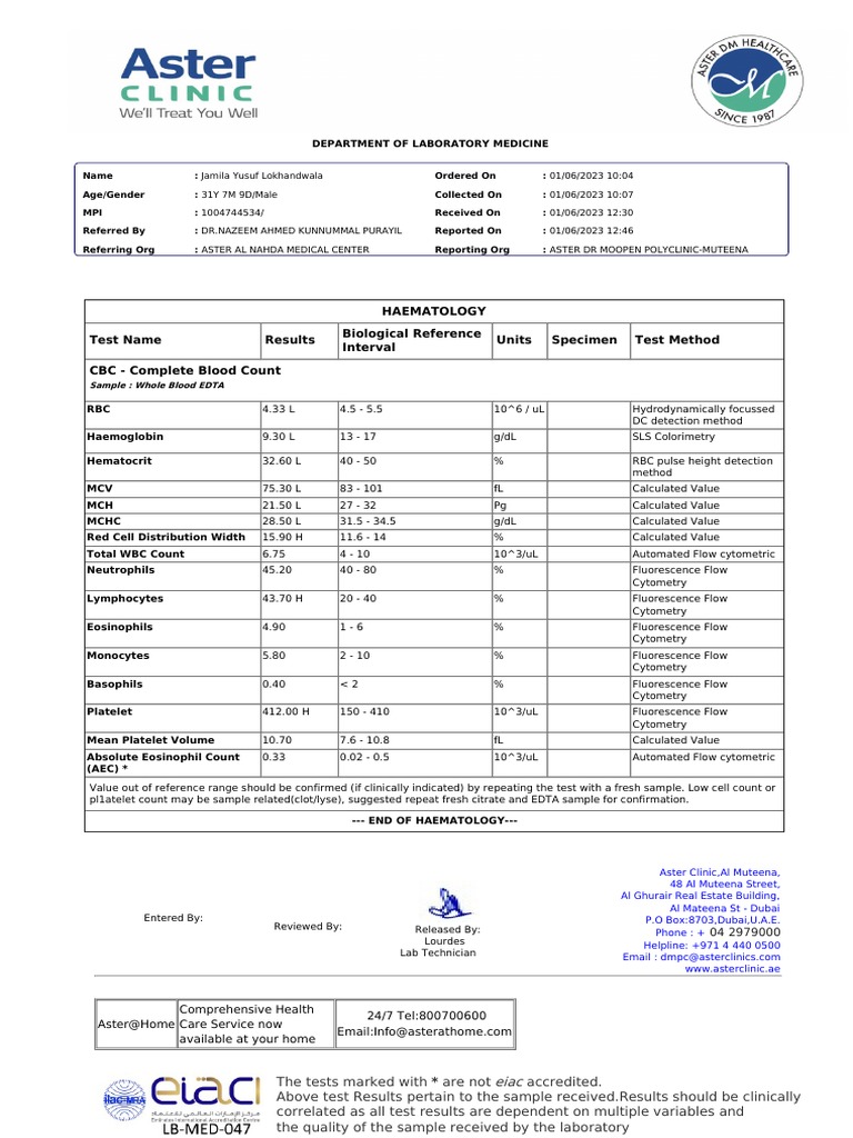 Aster Clinic Hematology & Biochemistry Report | PDF | Blood | Clinical ...