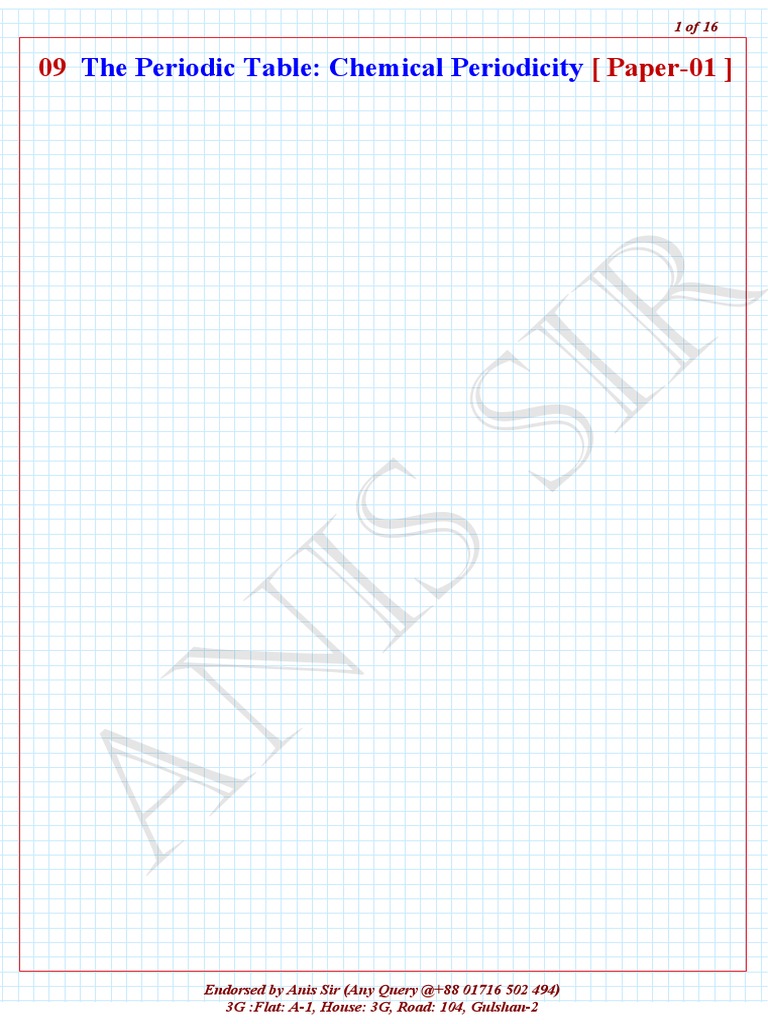 09. The Periodic Table Chemical Periodicity [ Paper-01 ] WY | PDF ...