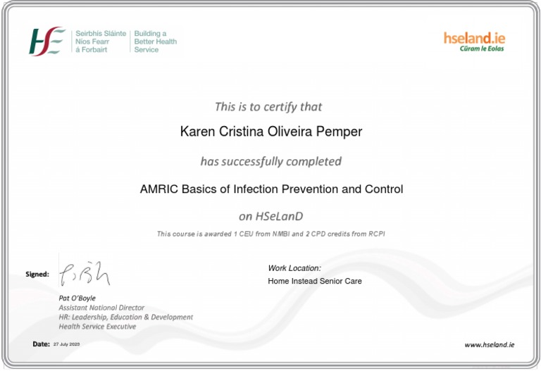AMRIC Infection Control Course Certificate | PDF