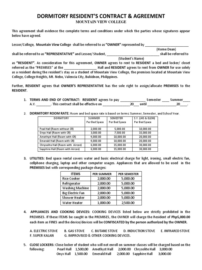 Dorm Agreement | PDF | Breach Of Contract | Lease