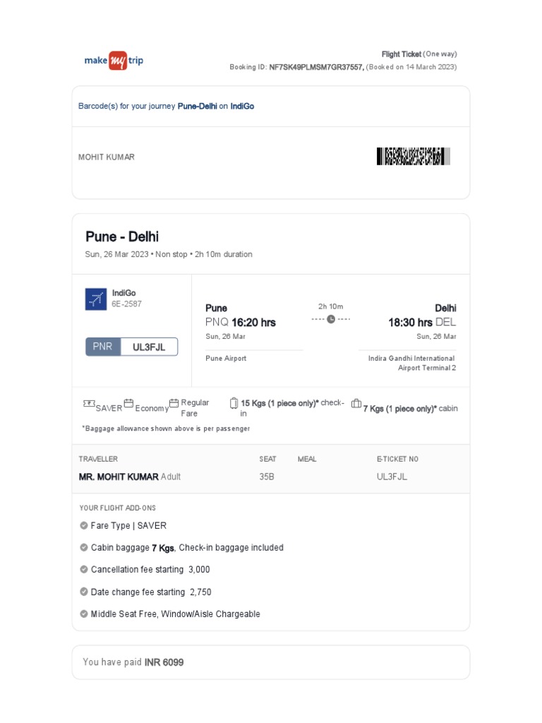 Pune To Delhi | PDF | Airport | Identity Document
