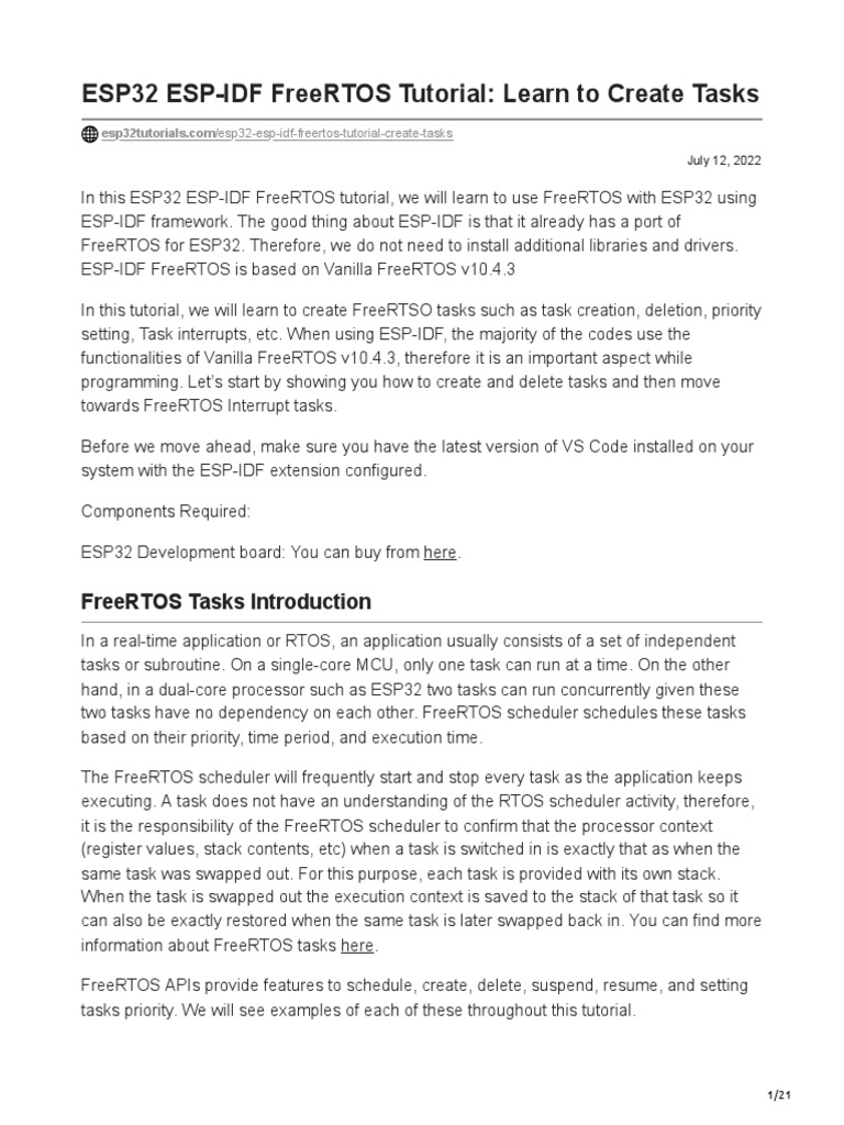 Esp32 Esp Idf Freertos Tutorial Learn To Create Tasks Pdf 