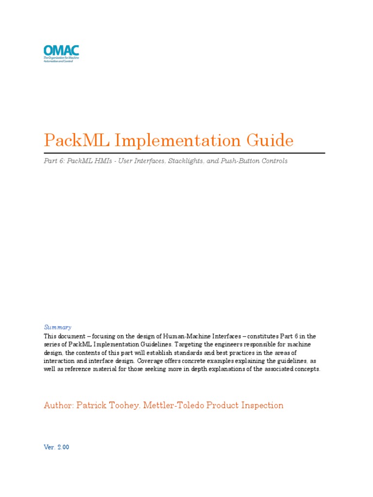 Packml Implementation Guide: Part 6: Packml Hmis - User Interfaces, Stacklights, and Push-Button ...