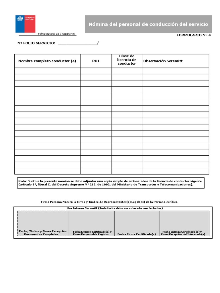 Formulario - 4 - Nómina Personal de Conducción | PDF