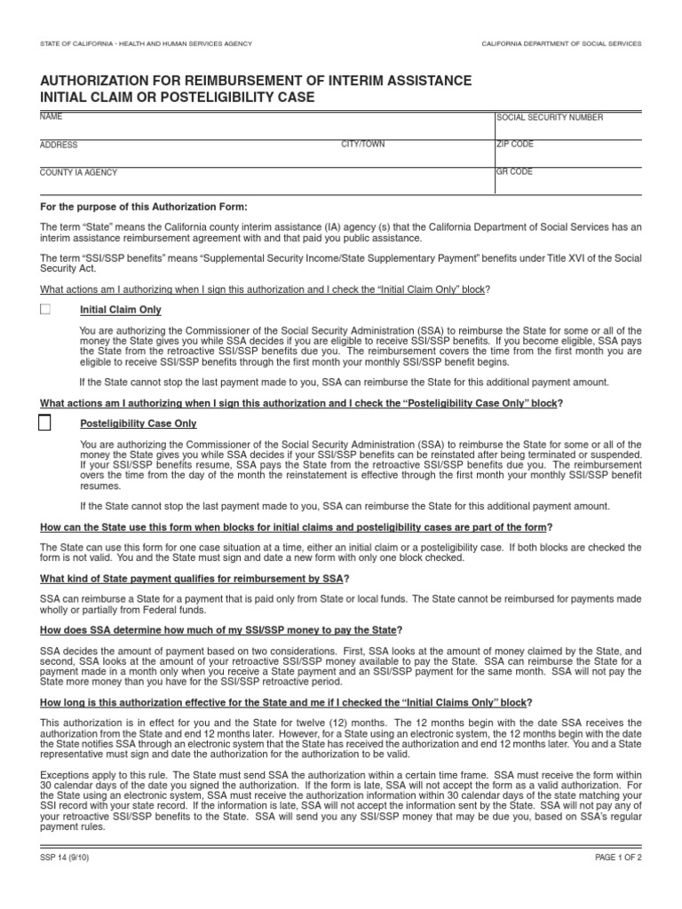 Authorization For Reimbursement of Interim Assistance Initial Claim or ...