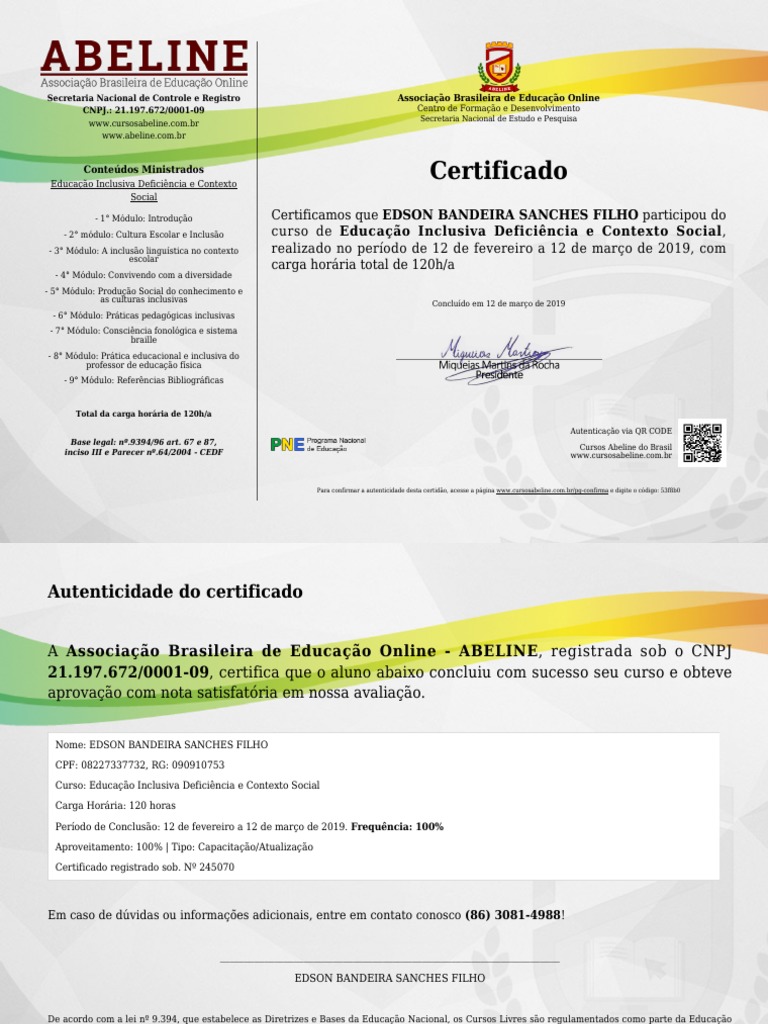 Certificado Abeline | PDF | Inclusão (Educação) | Educação à distância