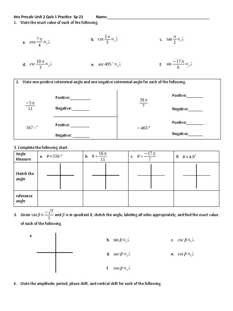 Precalculus Unit 2 Quiz Practice Guide | PDF | Angle | Physical Quantities
