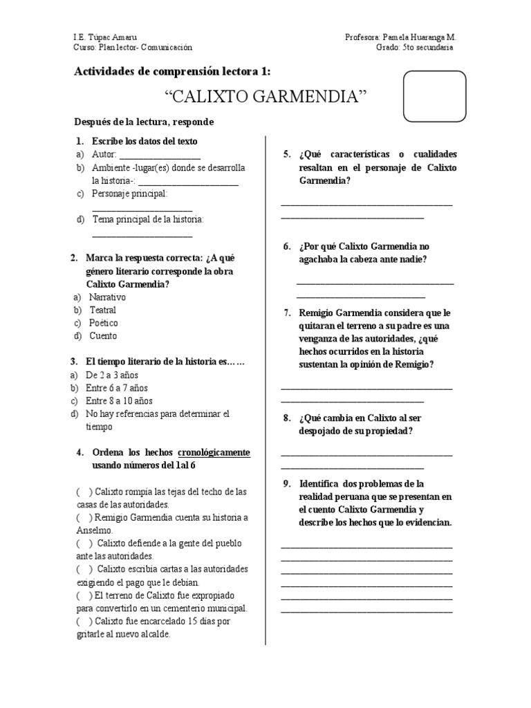 Actividades sobre Calixto Garmendia | PDF