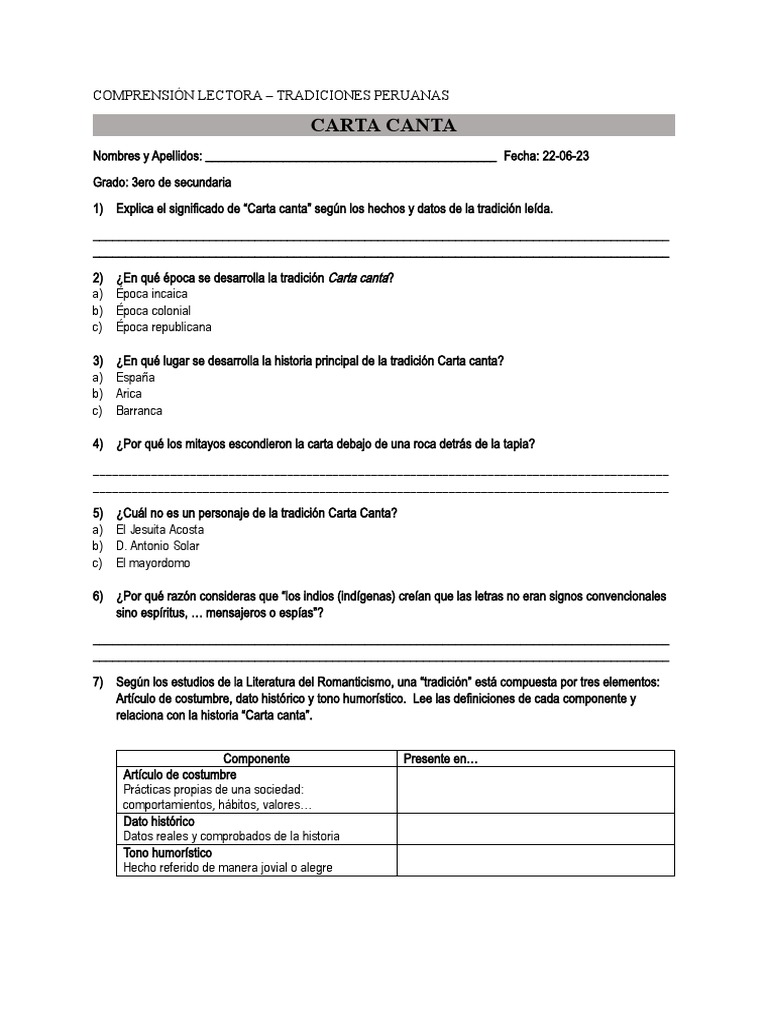 COMPRENSIÓN LECTORA Carta Canta | PDF