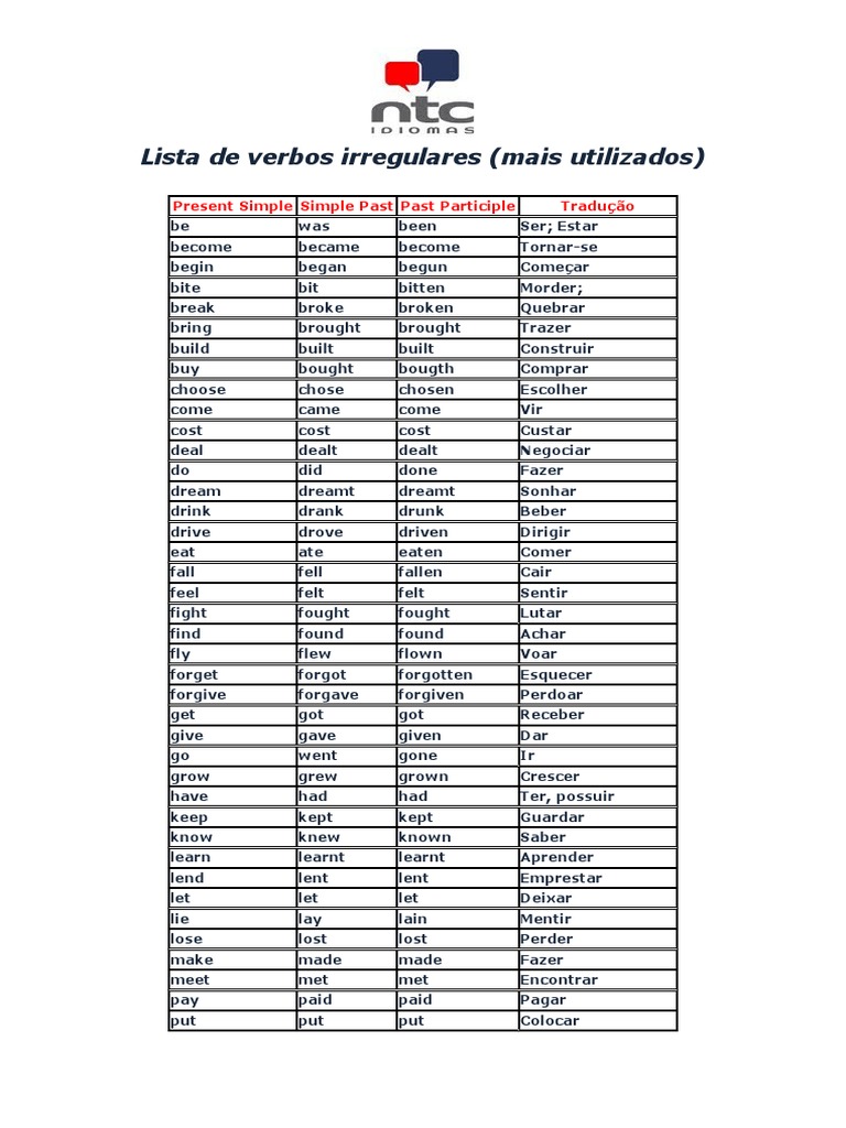 Lista De Verbos Irregulares Mais Usados Pdf