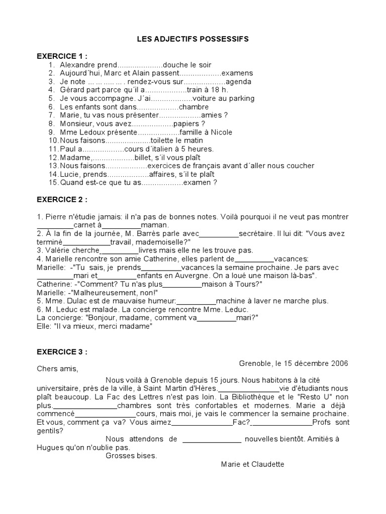 Exercices sur les adjectifs possessifs | PDF
