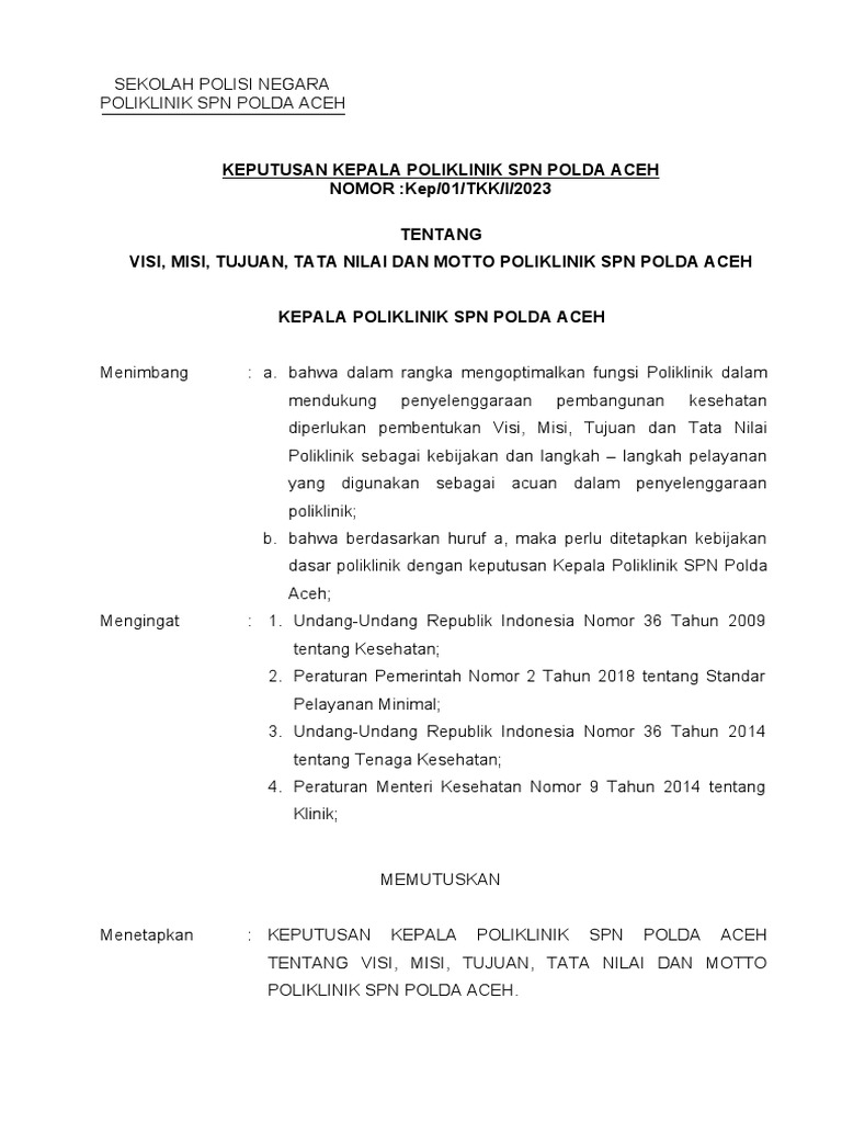 SK Visi Misi Motto Poliklinik SPN - Ok | PDF