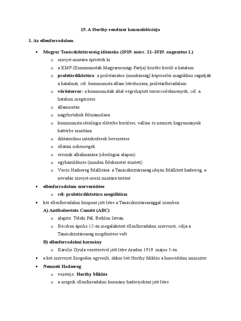15_A Horthy-rendszer Konszolidációja | PDF