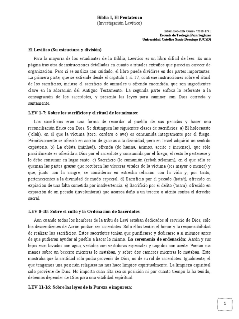 Reporte de Lectura Sobre El Levitico | PDF | Libro de levítico | Sacerdote