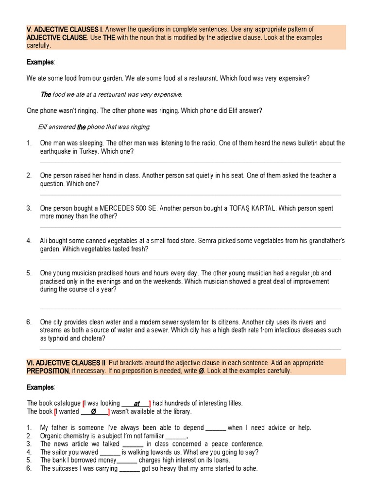 Mastering Adjective Clauses Exercises | PDF | Adjective | Linguistic ...