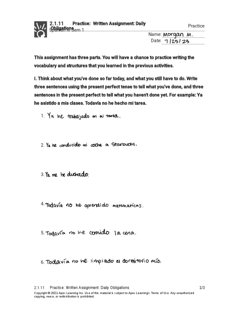 2.1.11 Practice - Written Assignment - Daily Obligations (Practice) | PDF | Syntax | Language ...